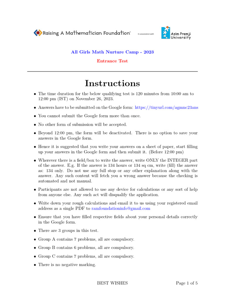 AG MNC 2023 - Selection Test Question Paper | PDF | Arithmetic ...