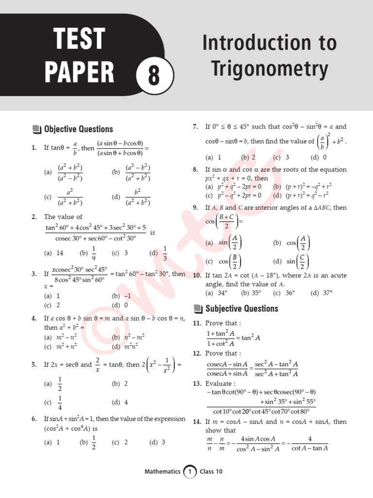Test Paper 08 Introduction To Trigonometry | PDF | Elementary ...