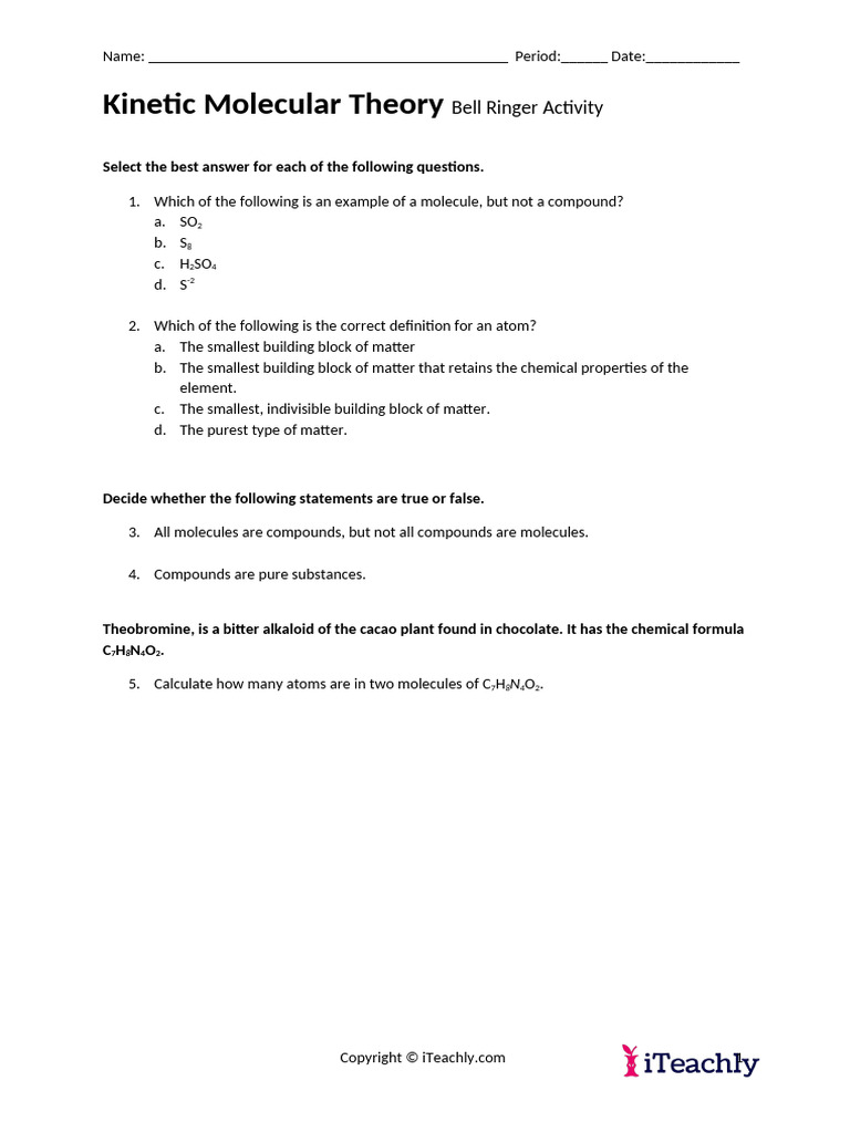 Kinetic Molecular Theory Quiz Activity | PDF