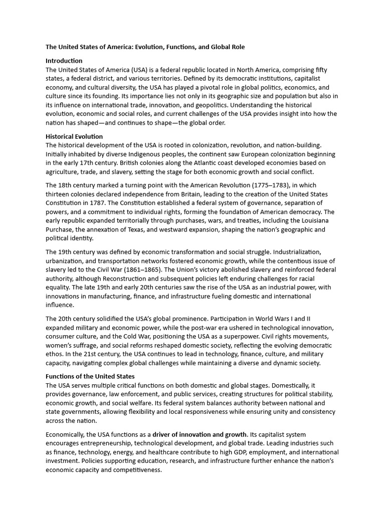 USA's Evolution and Global Impact | PDF | The United States | Governance
