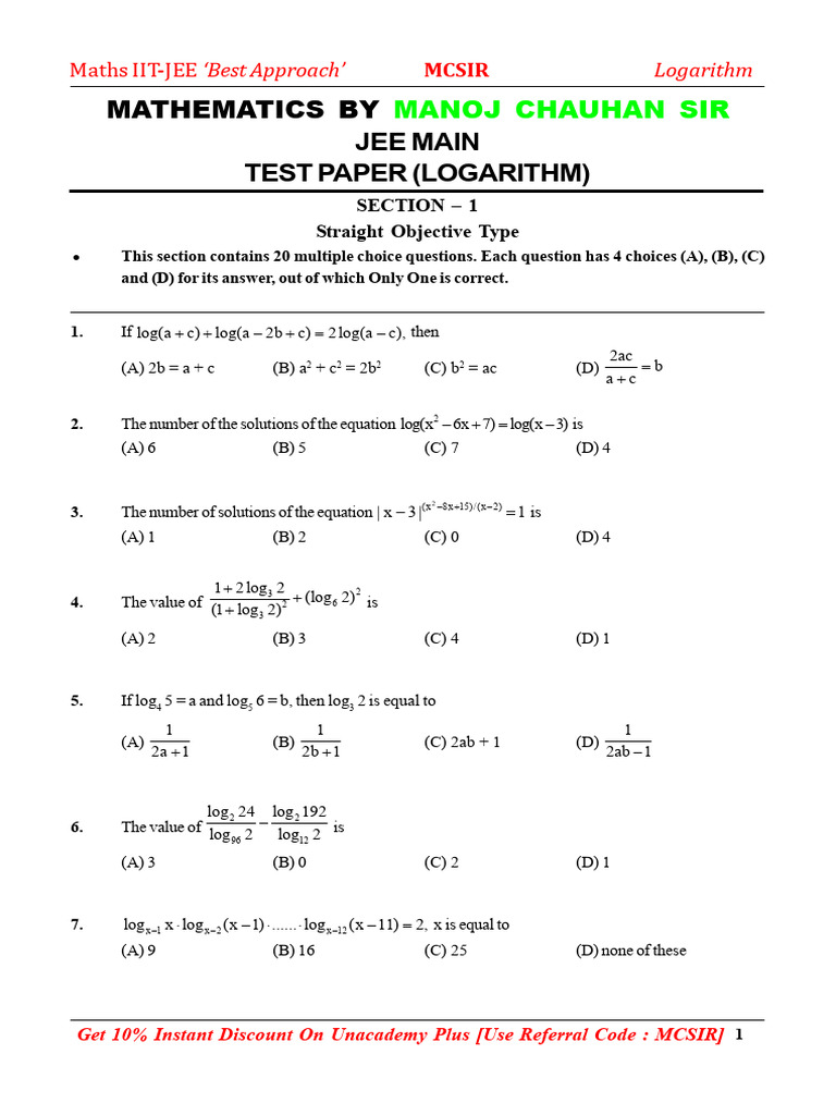 JEE Main Paper Q - (Logarithm) | PDF | Logarithm | Numbers