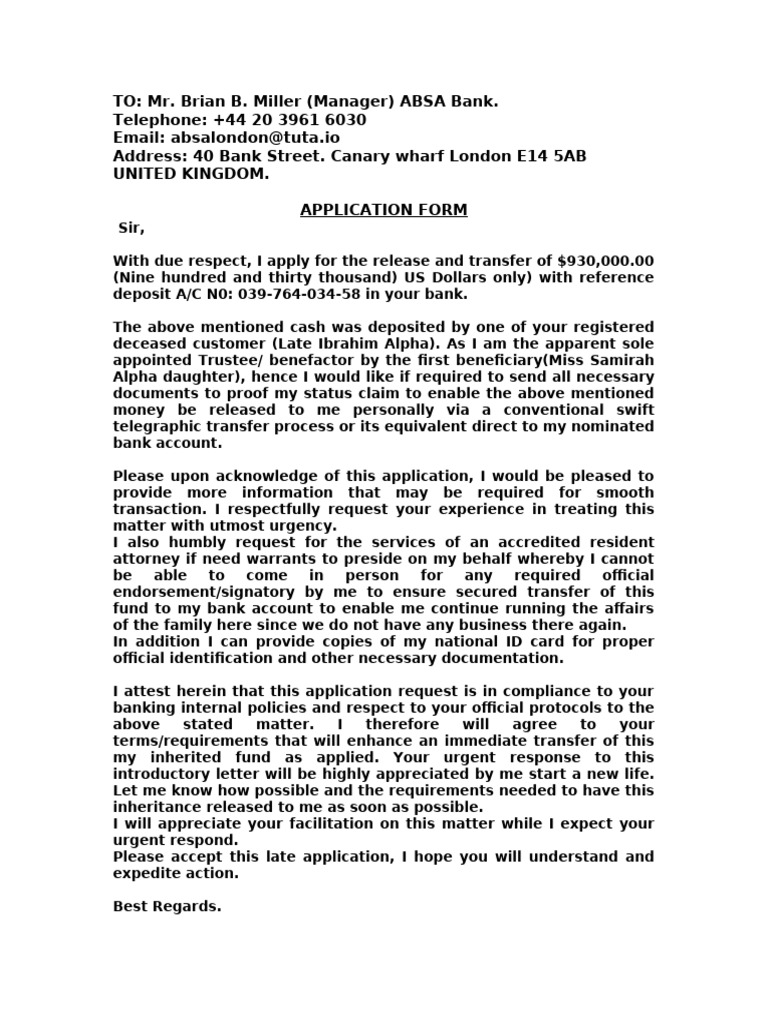 ABSA Bank Application Letter For $930,000 | PDF