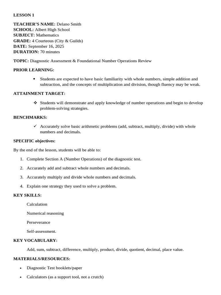 Diagnostic Test Lesson Plan | PDF | Multiplication | Learning