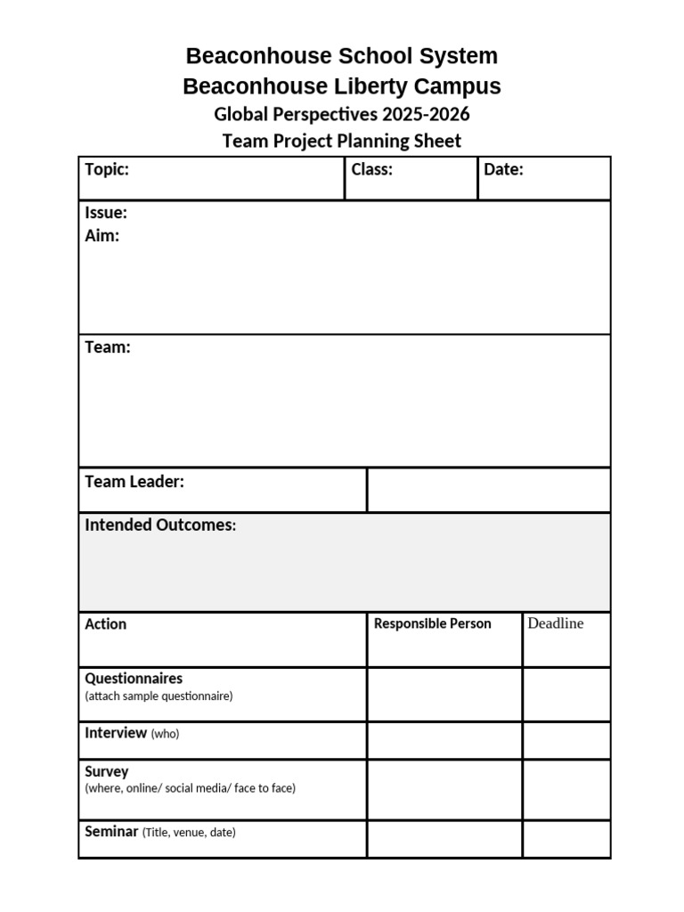 Team Project Planning Sheet 2025-2026 | PDF