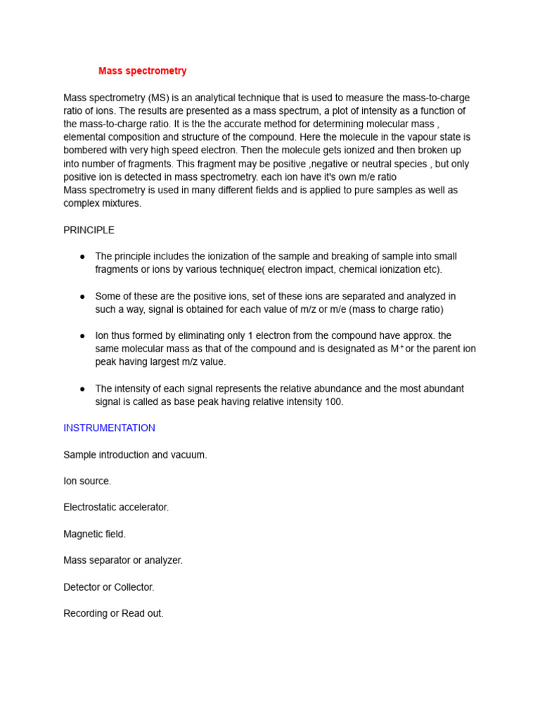 Mass Spectrometry Overview and Techniques | PDF | Mass Spectrometry | Ion