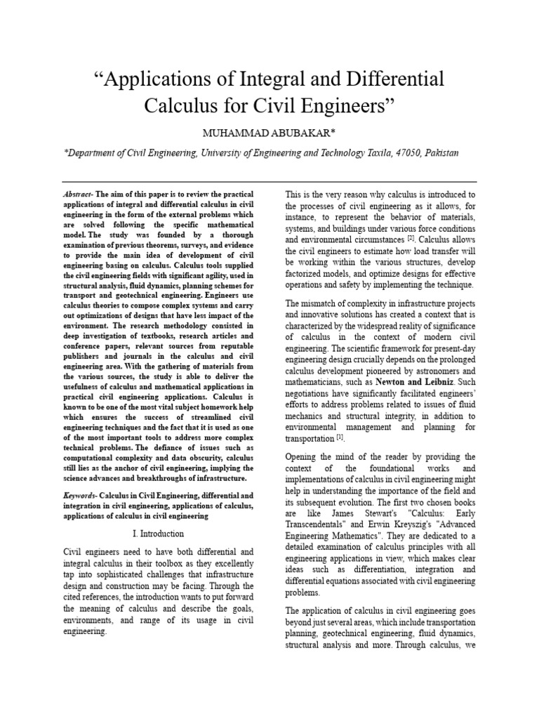 Applicationsof Integraland Differential Calculusfor Civil Engineers ...