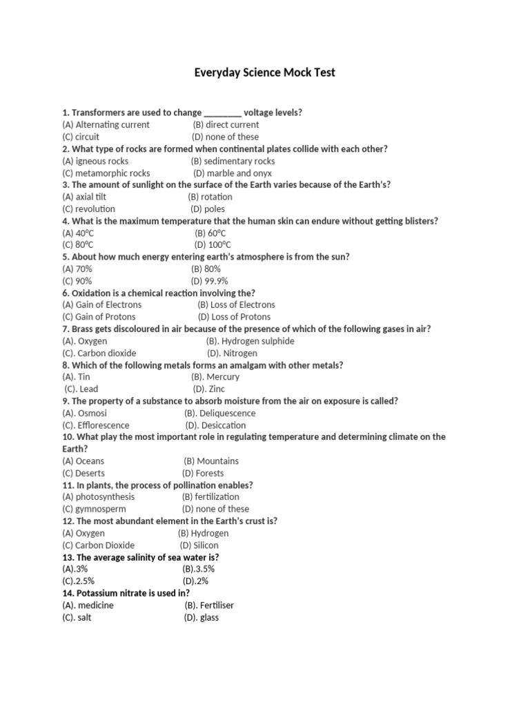 Everyday Science Mock Test Questions | PDF | Atmosphere Of Earth | Earth