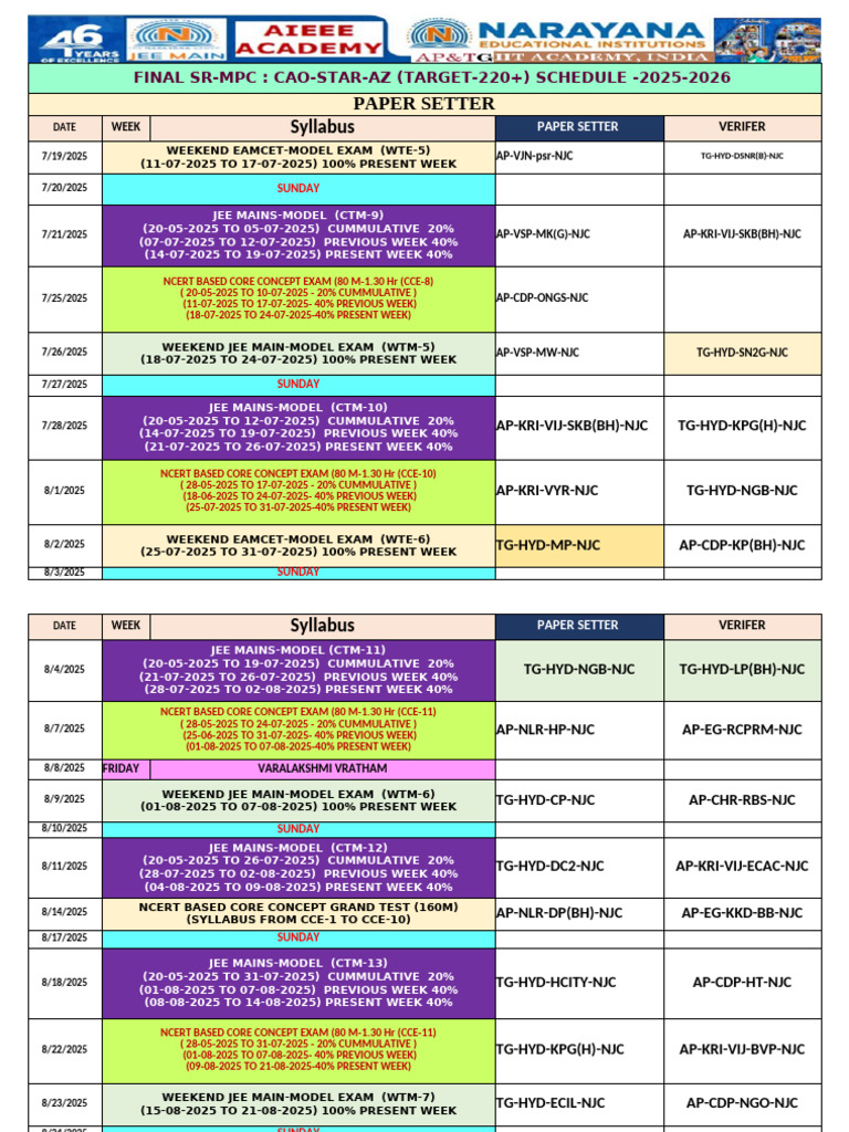 Rev.final Sr-mpc-cao-star-Az Teaching Schedule_2025-26 (AP & Tg) | PDF | Quadratic Equation ...