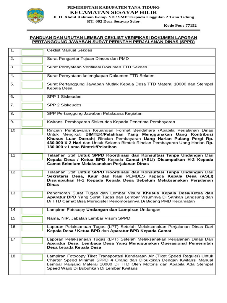 Lembar Ceklis SPPD PEMDES | PDF