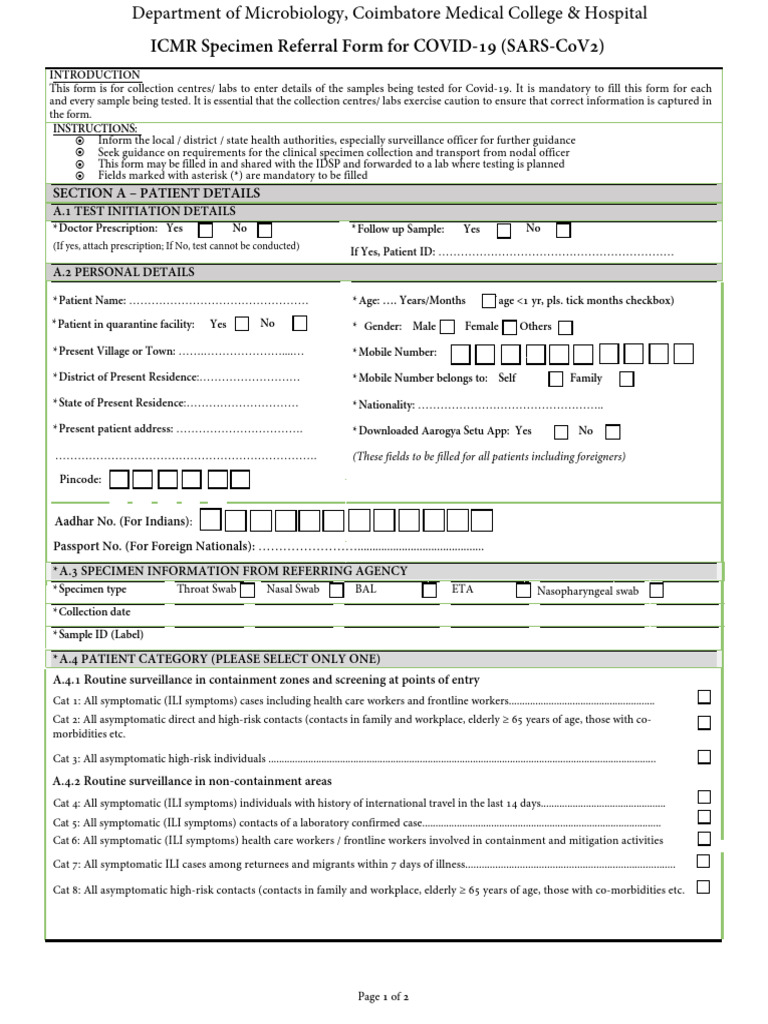 COVID-19 Specimen Referral Form | PDF | Public Services | Health Sciences