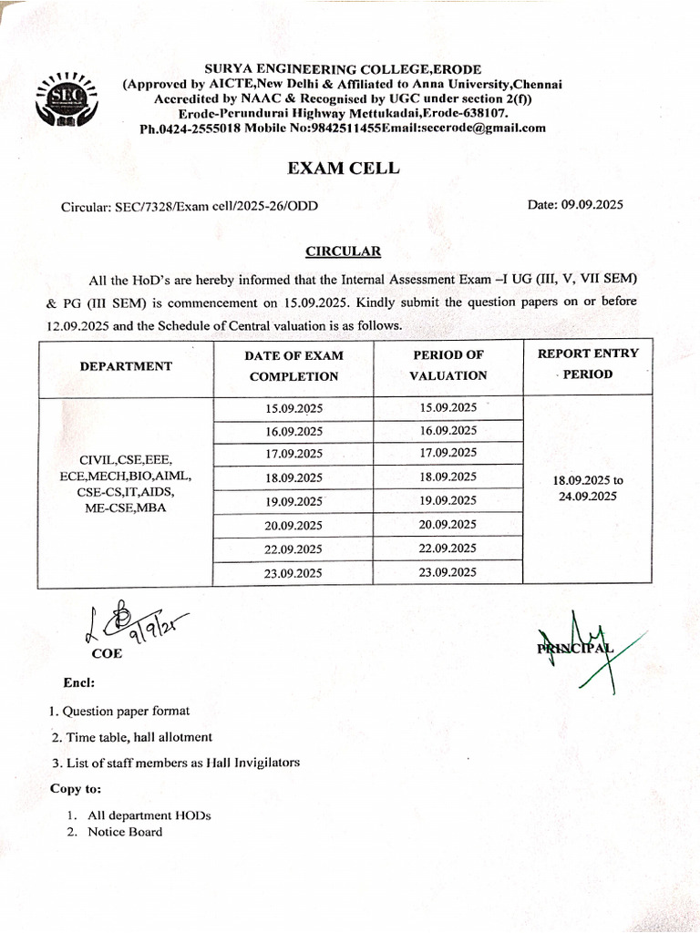 Internal Circular and Timetable | PDF