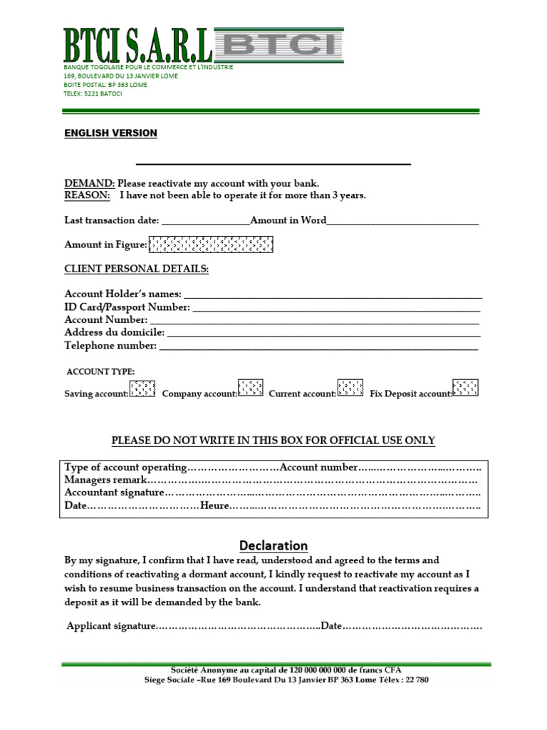 Dormant Account Reactivation Form | PDF