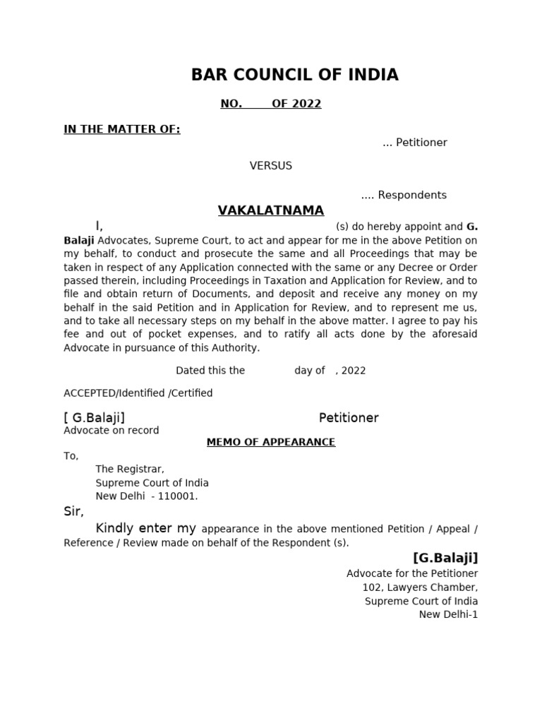 Vakalatnama and Memo of Appearance Form | PDF