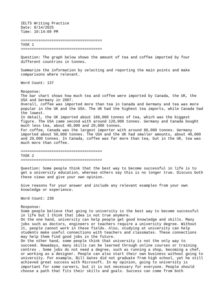 IELTS Writing Practice: Tasks 1 & 2 | PDF | Tea | Knowledge