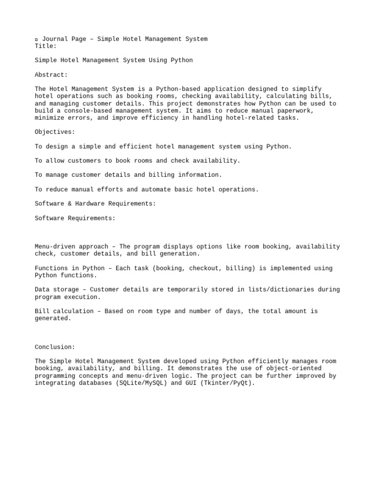 Python Hotel Management System | PDF
