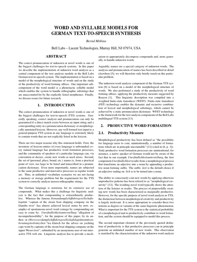 Word and Syllable Models For German Text-To-Speech Synthesis | PDF ...