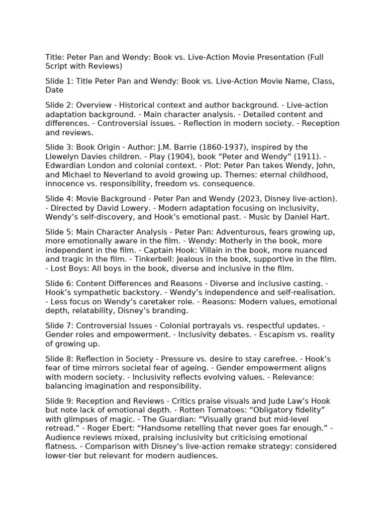 Peter Pan vs. Wendy: Book and Movie Analysis | PDF | Peter And Wendy ...