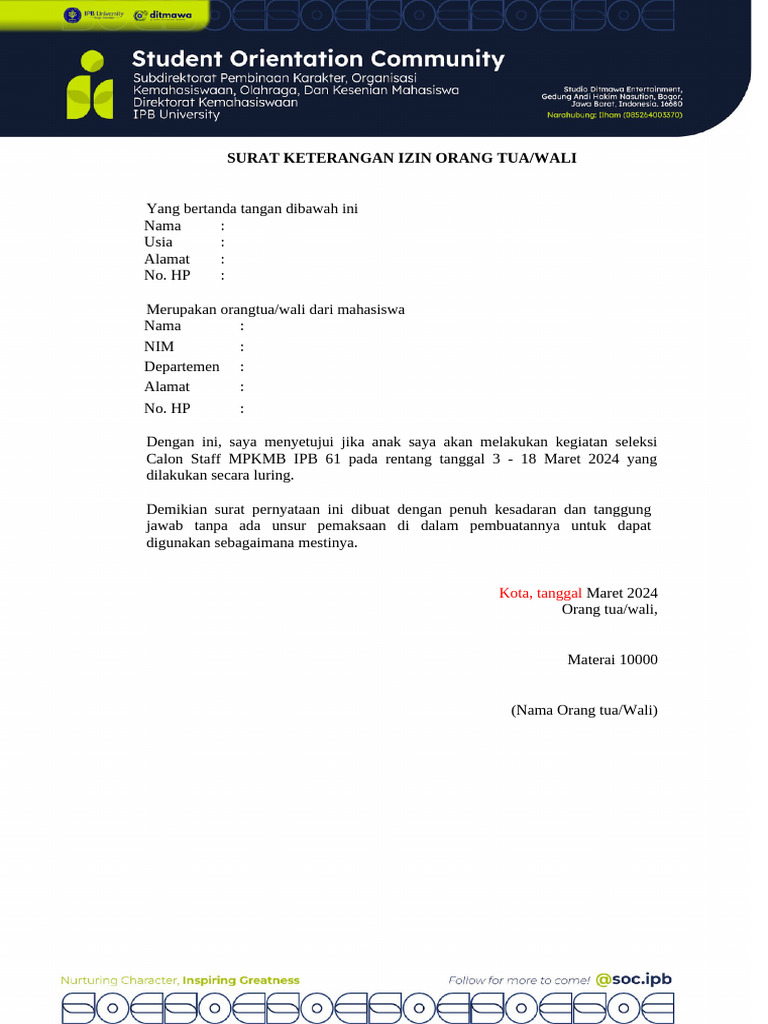Surat Izin Orang Tua untuk Seleksi MPKMB | PDF