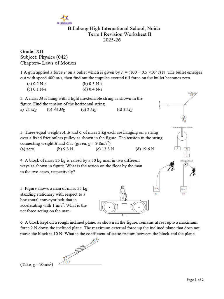 Laws of Motion & Work Energy Worksheet | PDF | Force | Tension (Physics)