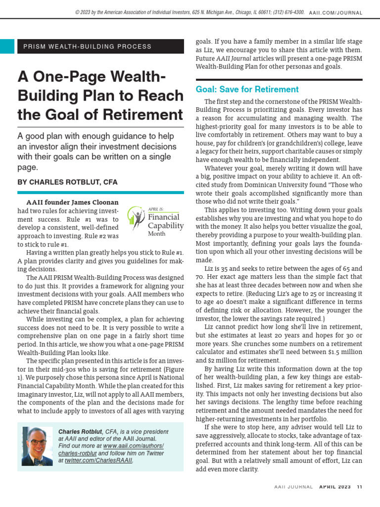 A One Page Wealth Building Plan To Reach The Goal of Retirement | PDF ...