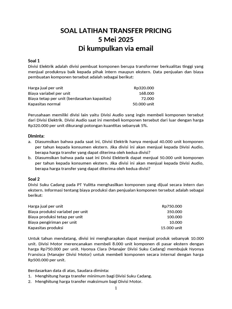 Contoh Soal Transfer Pricing 2025 | PDF