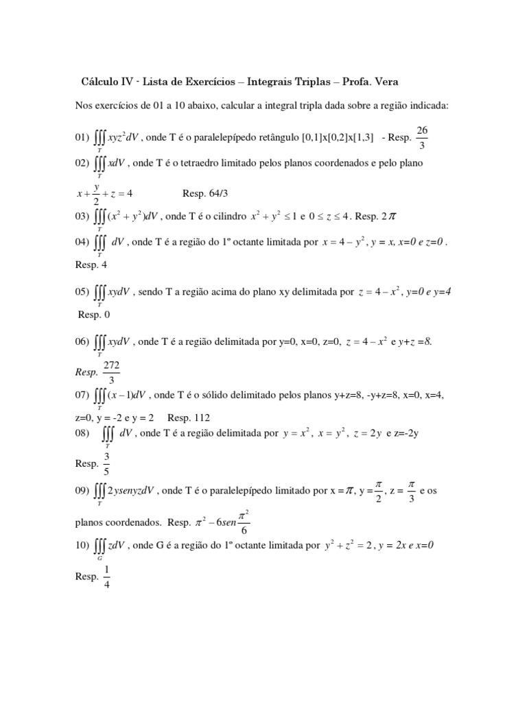 Lista de Exercicios - Integrais Triplas | PDF
