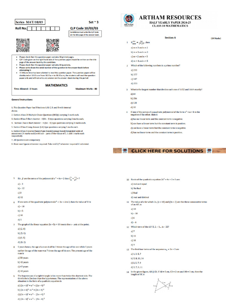Set of 15 Half Yearly Sample Papers for Class 10 Mathematics With ...