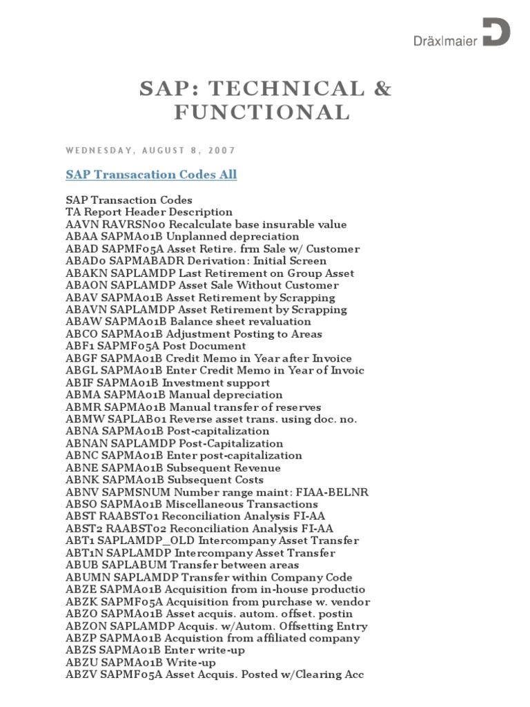 SAP Transaction Code Reference Guide: Technical & Functional ...