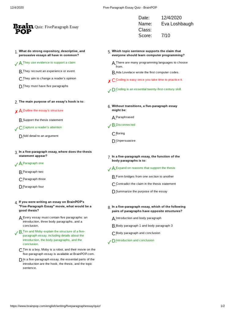Five-Paragraph Essay Quiz Insights | PDF | Essays