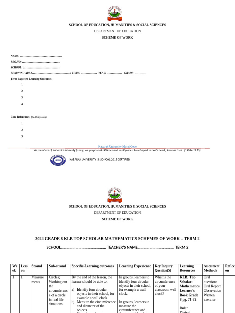 Grade 8 Term 2 Mathematics Schemes KLB | PDF | Area | Circle