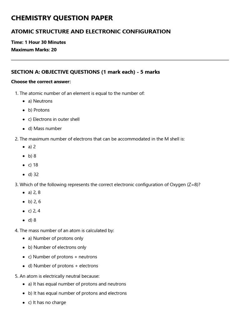 Chemistry Exam: Atomic Structure Basics | PDF