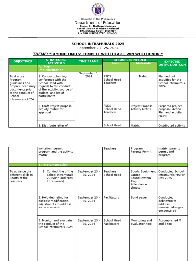 Action Plan for School Intramurals 2025 | PDF