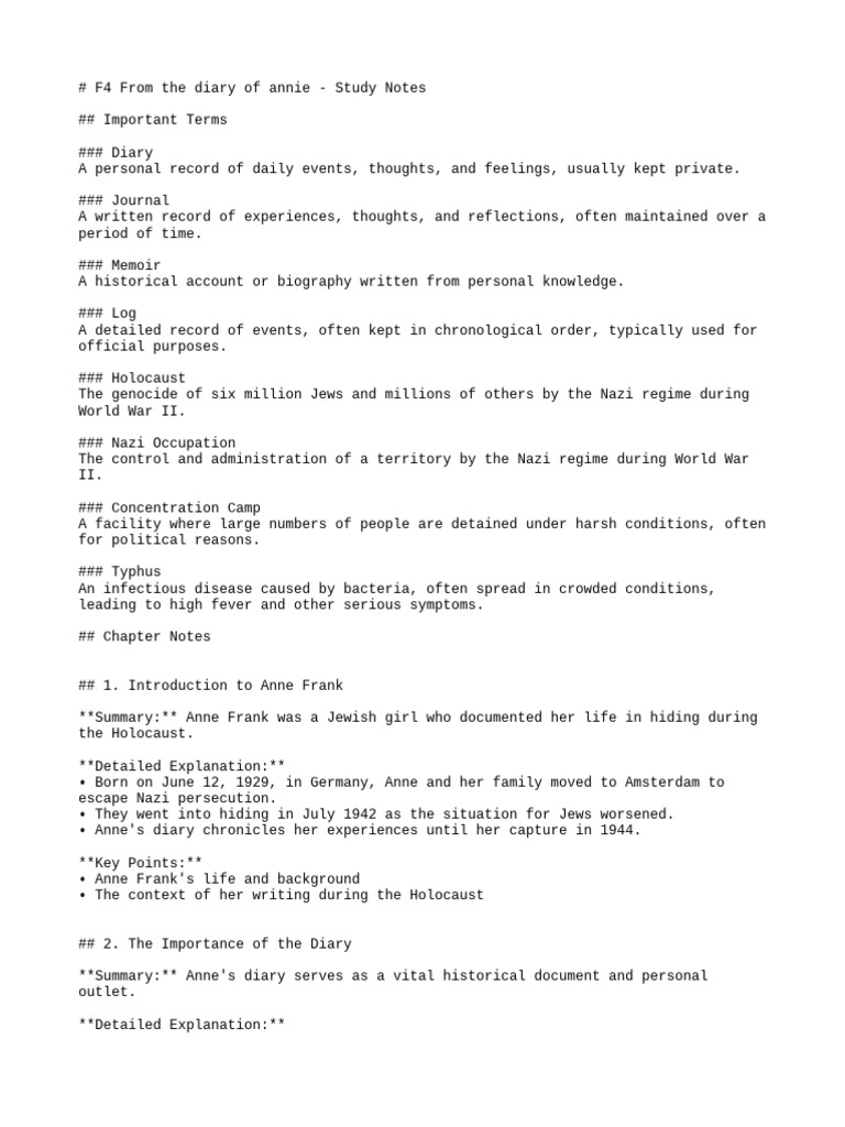 F4 From The Diary of Annie Study Notes Notes | PDF | Anne Frank | The ...