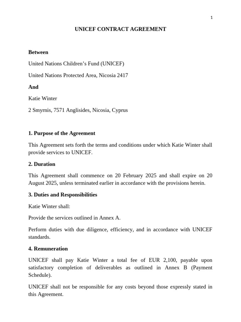 UNICEF Contract Agreement with Katie Winter | PDF