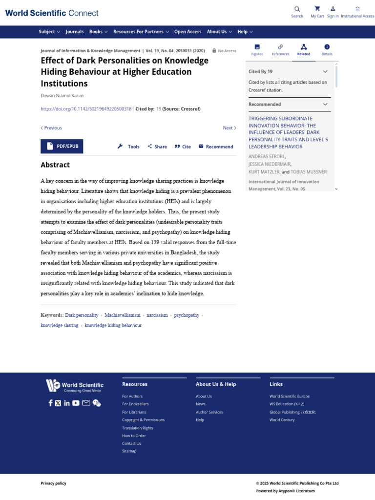 Effect of Dark Personalities On Knowledge Hiding Behaviour at Higher ...