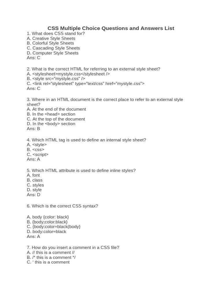 CSS MCQ Questions and Answers Guide | PDF | Web Development | Hypertext