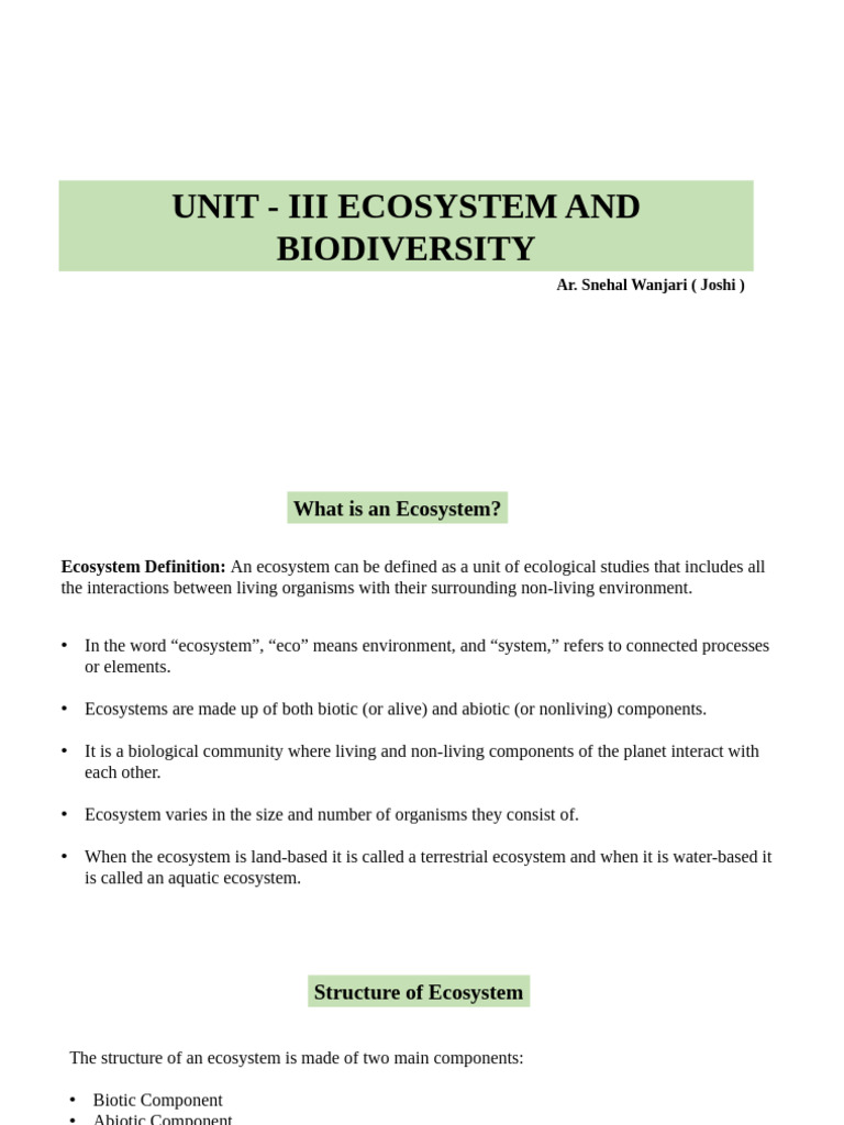 Unit - III Ecosystem and Biodiversity | PDF | Ecosystem | Biodiversity