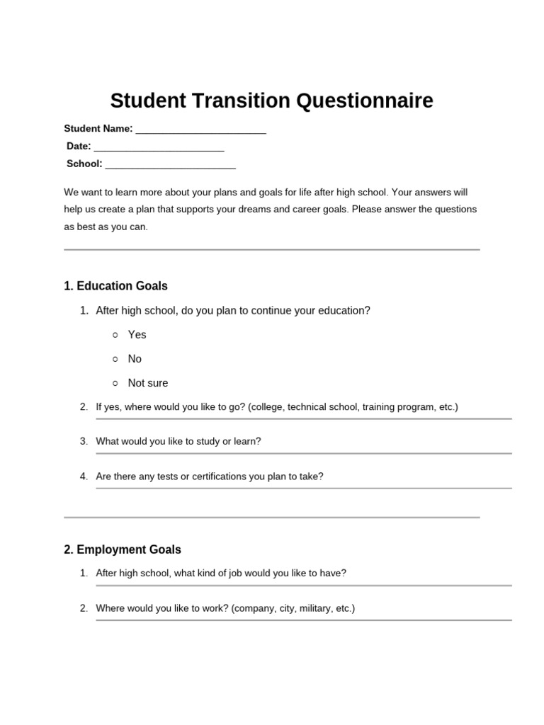 Student Transition Questionnaire | PDF