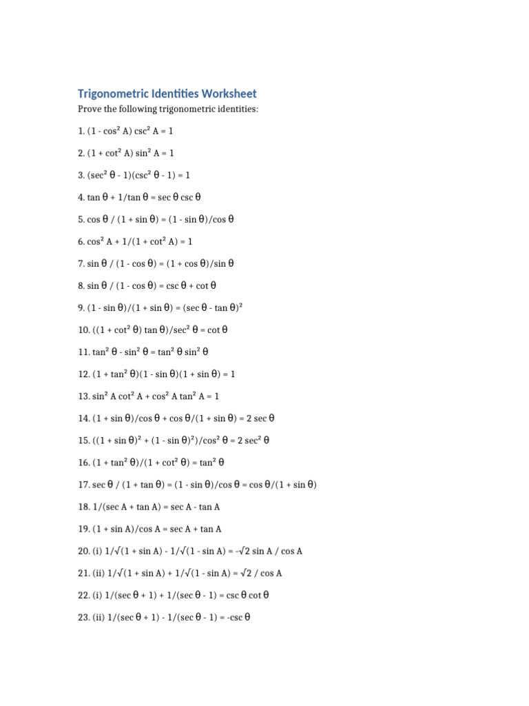 Trigonometric Identities Proving Worksheet | PDF