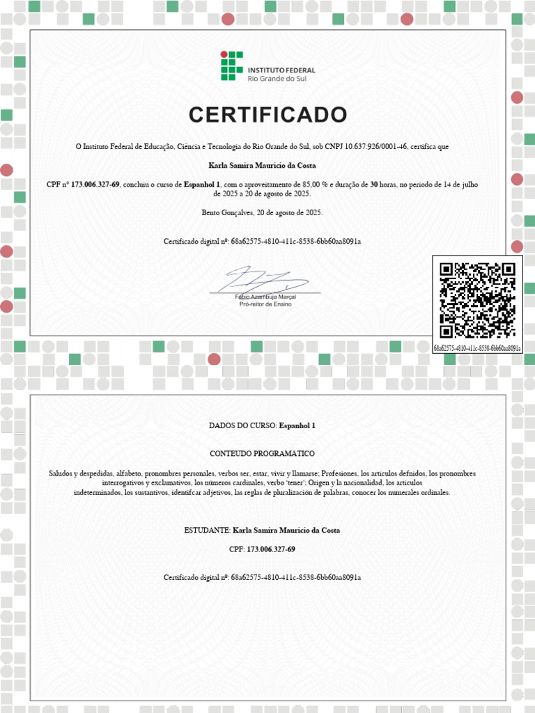 Certificado de Curso de Español 1 | PDF