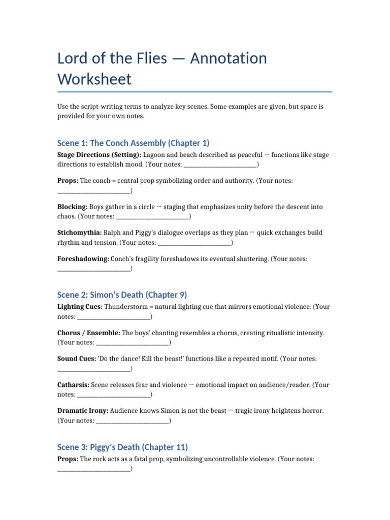 Lord of the Flies Scene Analysis Worksheet | PDF