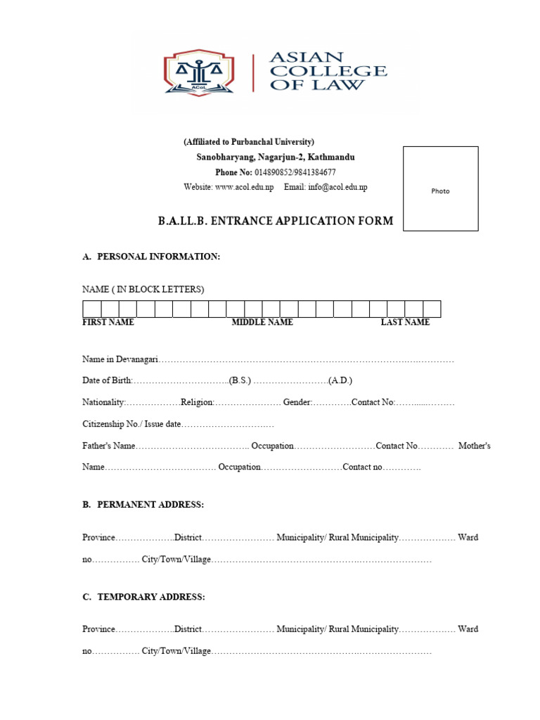 B.A.LL.B. Entrance Application Form | PDF