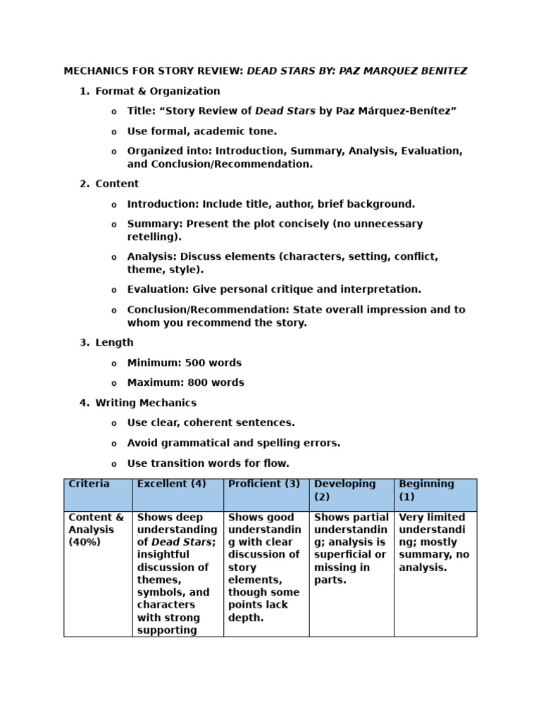 Story Review Guide: Dead Stars Analysis | PDF | Human Communication