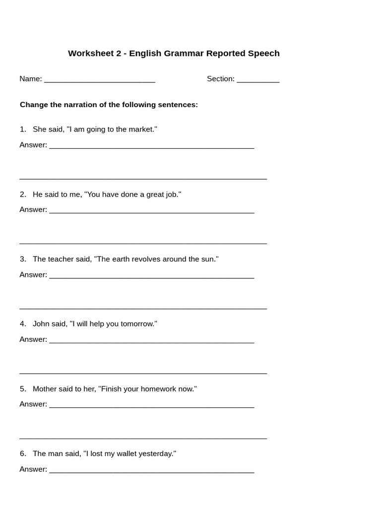 Class 9 Narration Worksheet | PDF
