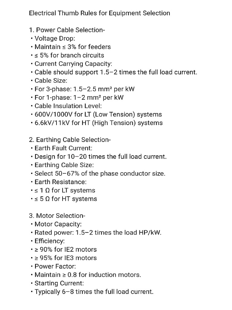 Electrical Equipment Selection Thumb Rules | PDF
