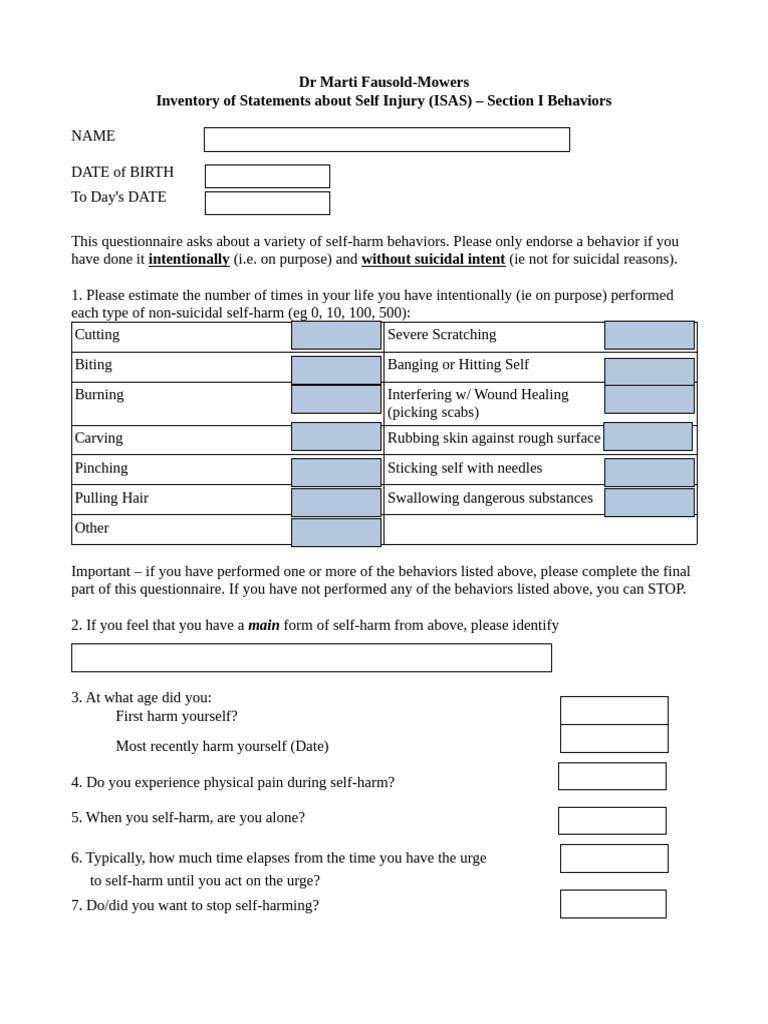 Self Injury Questionnaire | PDF | Self Harm | Anger