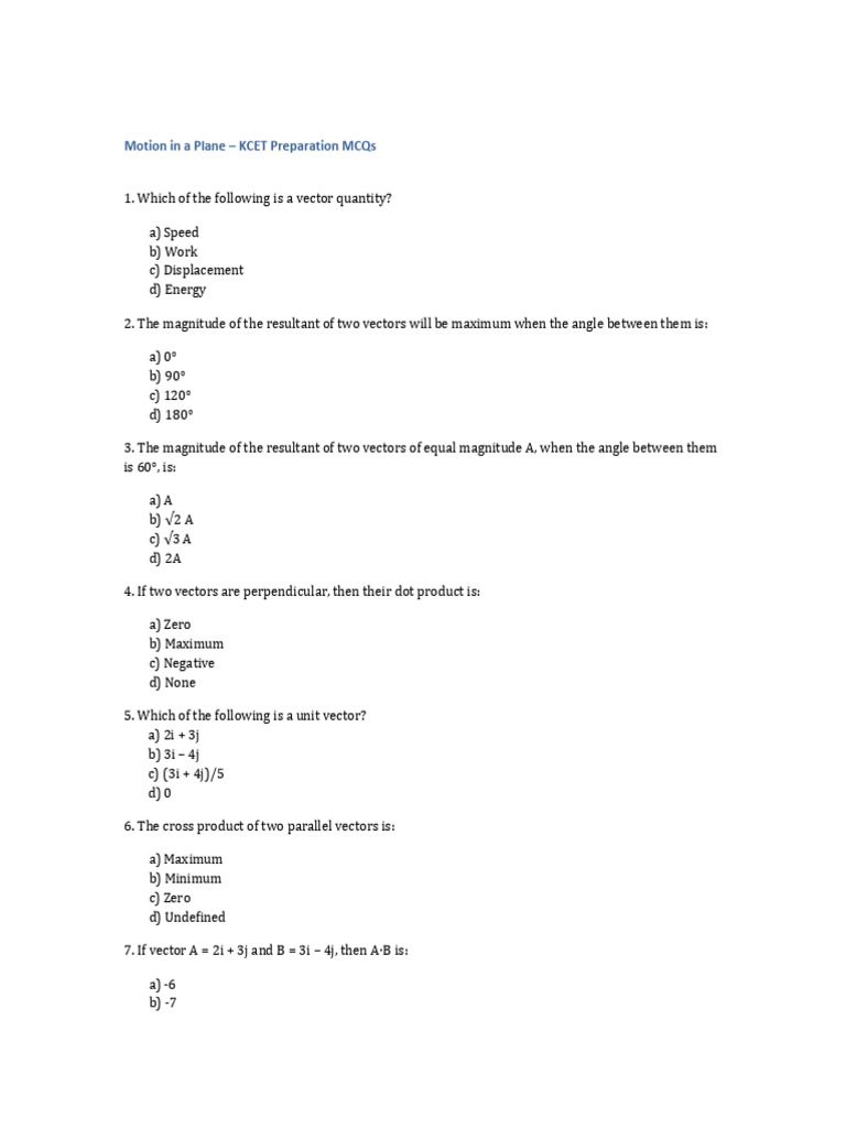 Motion in A Plane KCET MCQs 2 For Cet | PDF | Acceleration | Rotation Around A Fixed Axis