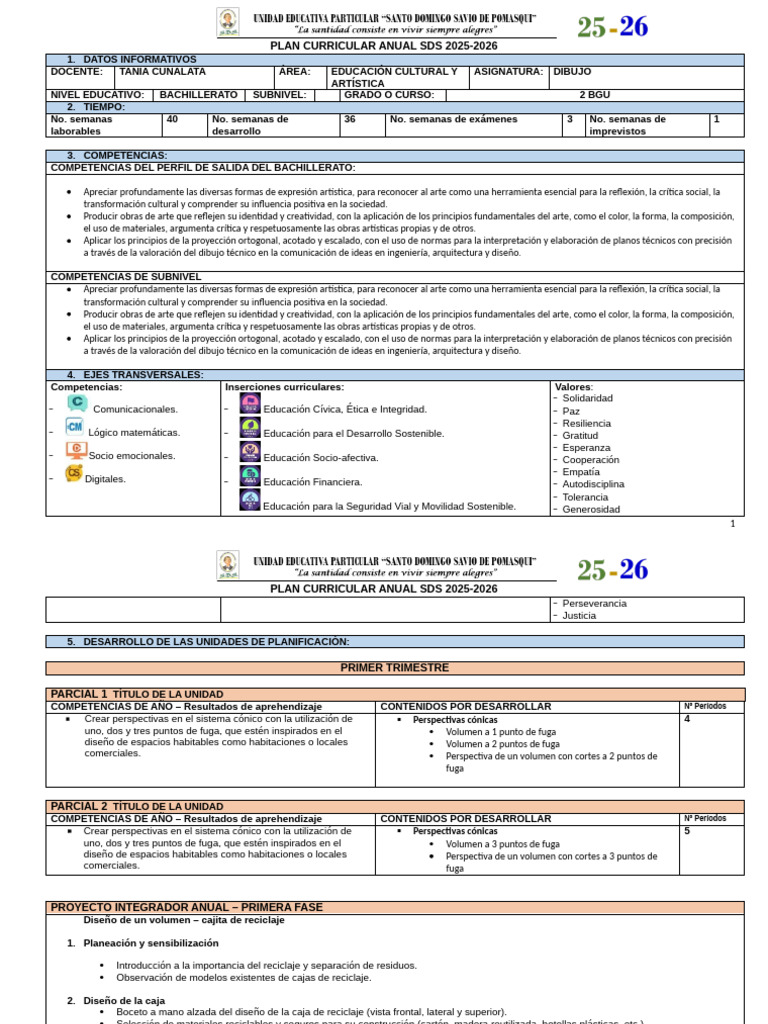 PCA DIBUJO (2BGU) T.CUNALATA 25-26 | PDF | Diseño | Dibujo