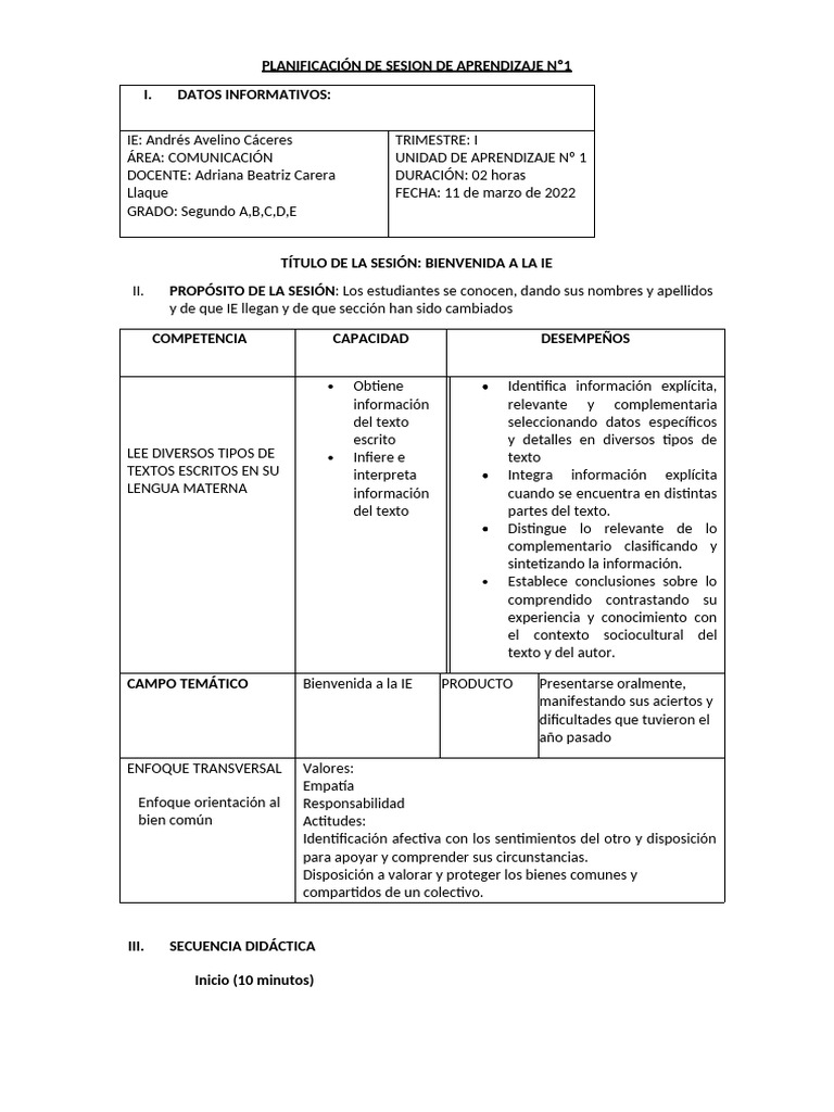 Planificación de Sesion de Aprendizaje Nº1 | PDF | Aprendizaje | Cognición