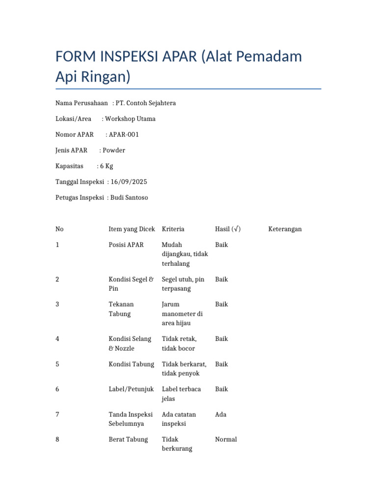 Form Inspeksi APAR Contoh | PDF